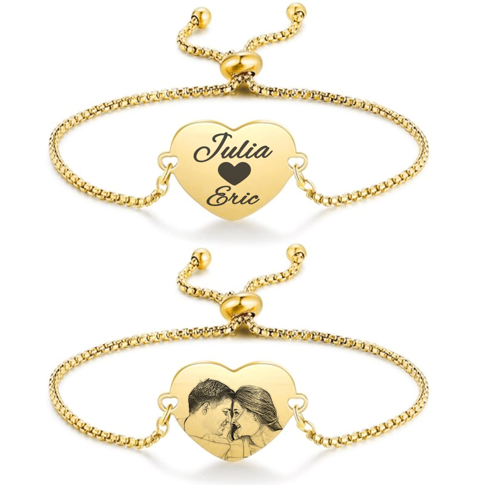 3UMeter Bracelet with Picture Inside Picture Bracelet for Women Carved Heart Shaped Pendant Double-side Customized Photo Bracelet Jewelry Gift