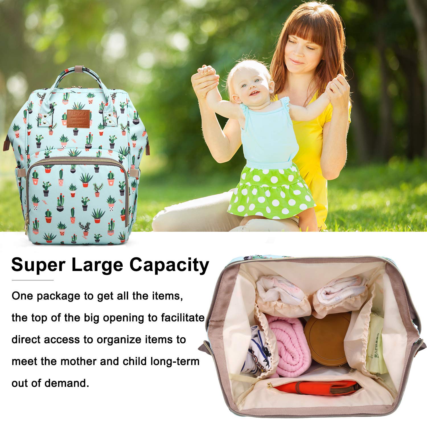 FEWOFJ Cactus Diaper Bag Backpack, Women Waterproof Travel Nappy Bag for Baby Care