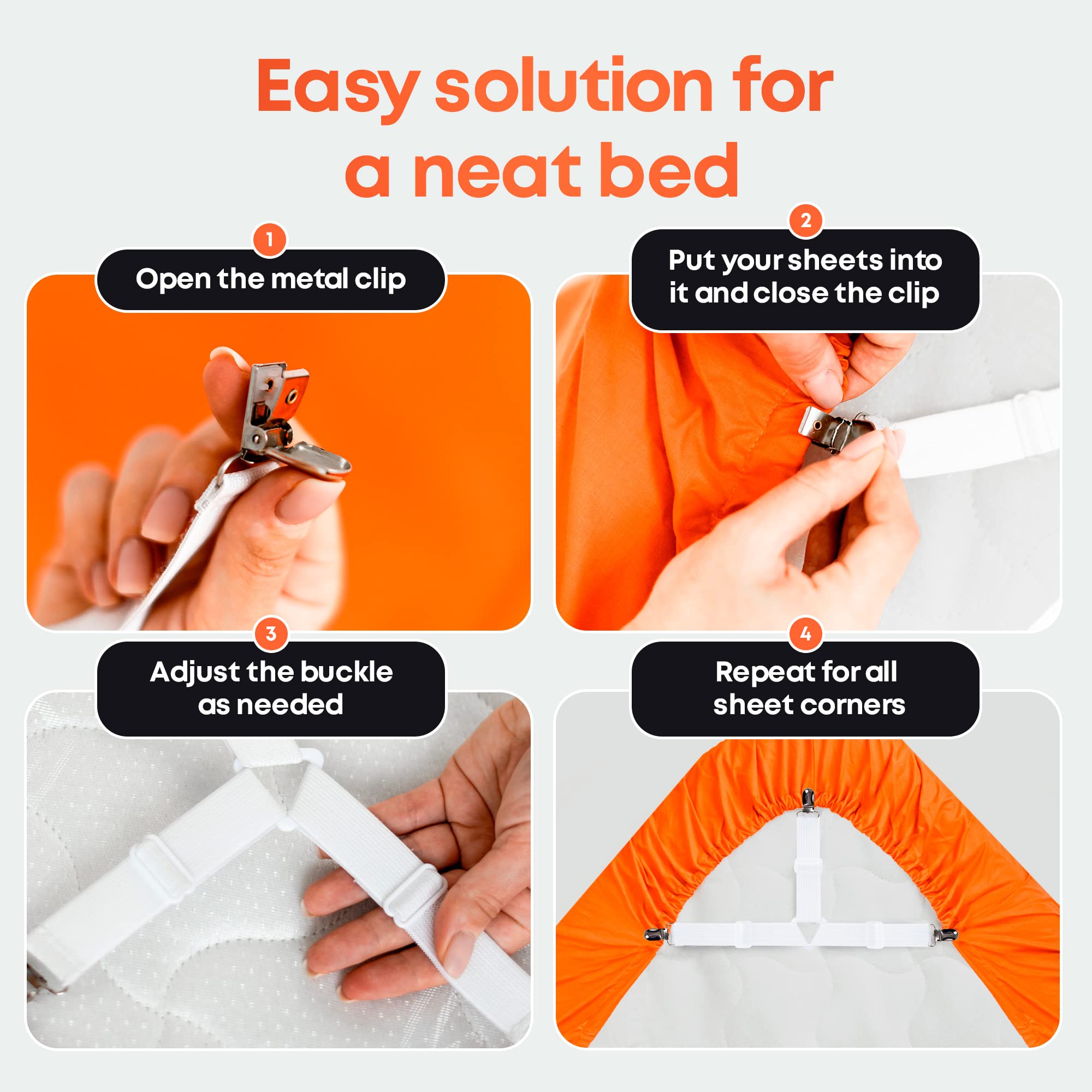 5 STARS UNITED Bed Sheet Straps Set, Elastic Fasteners with Metal Clips, Sheet Holders for Corners, Fitted Sheet Clips to Hold Sheets in Place, Bed Sheet Clips with Adjustable Bed Bands (8 Pcs White)