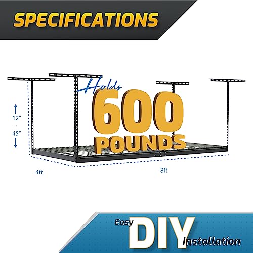 MonsterRax Overhead Garage Storage Rack- 4 x 8 Ceiling Rack for Garage Shelving, Organization, & Storage, Adjustable Hanging Storage for Bikes, Equipment & Accessories (Hammertone, 24"-45", 2-Pack).