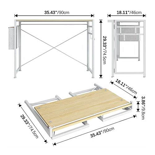 4NM 35.4" Wide Foldable Modern Writing Desk with Fabric Storage Side Catty for Papers and Storage 4 Hooks for Bedroom or Office, White
