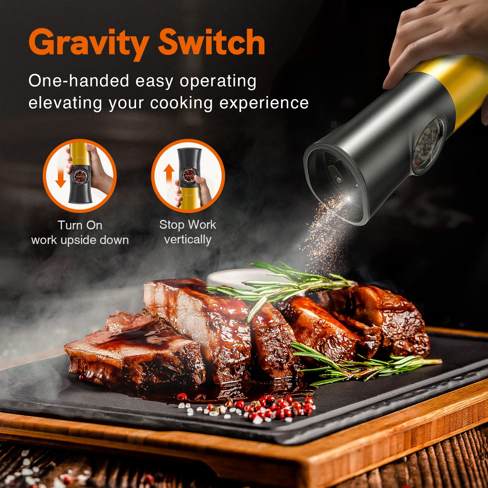 Gravity Electric Salt and Pepper Grinder Set - USB Rechargeable,Automatic Salt Pepper Mill with 5 Adjustable Coarseness, Ceramic Grinder with Bottom Cap, White LED Lights