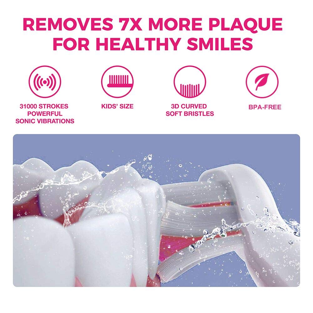 Vekkia Sonic Rechargeable Kids Electric Toothbrush, 3 Modes with Memory, Fun & Easy Cleaning, 24000 Strokes, IPX7 Waterproof, 2-Min Timer for Age 5+, 4 Soft Bristles(Pink)