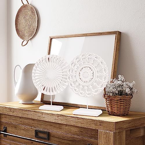 AXEARTE Wooden Carved Cutout Sector Medallion Sculpture 2 Pack, Rustic Distressed White MDF Statues Home Tabletop Decor, Decorative Ornaments for Living Room, Bedroom, Office Desktop, Cabinets