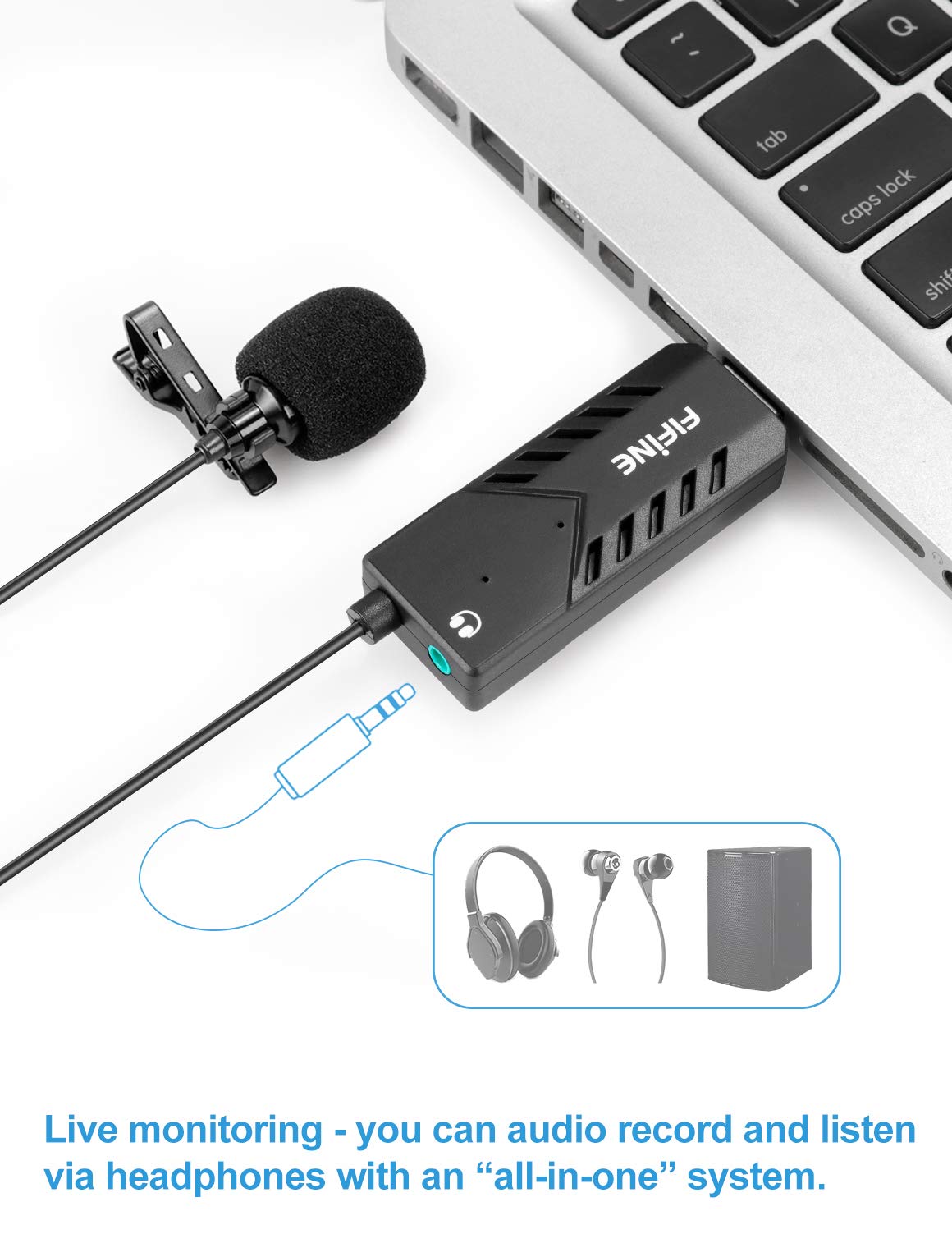 Fifine USB Lavalier Lapel Microphone, Clip-on Cardioid Condenser Computer Mic Plug and Play USB Microphone with Sound Card for PC and Mac-K053