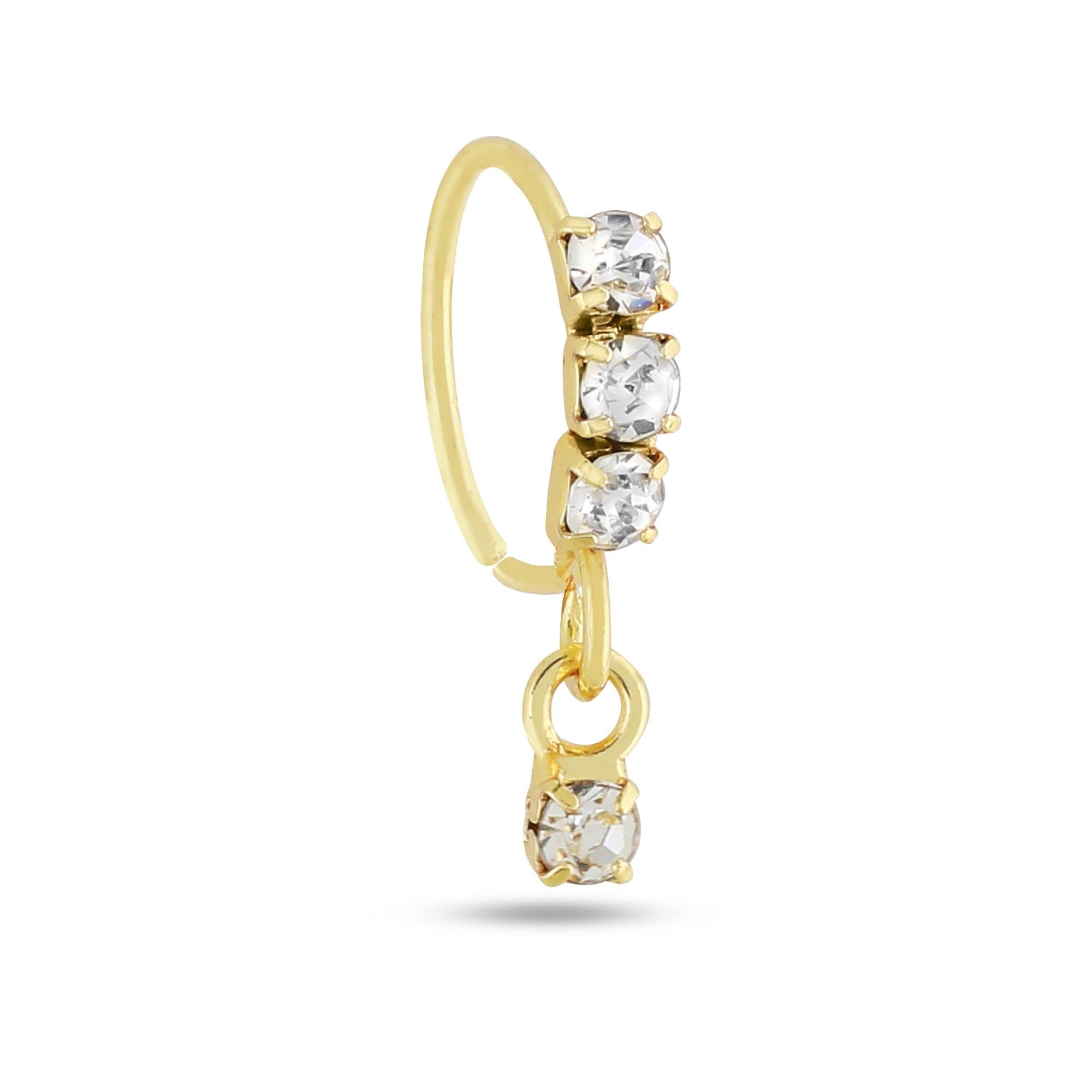 3 Diamond Hoop Nose Ring with Diamond Dangling End 20G,Gold Color Made of brass, can be used on Pierced and non Pierced Nose (Silver)