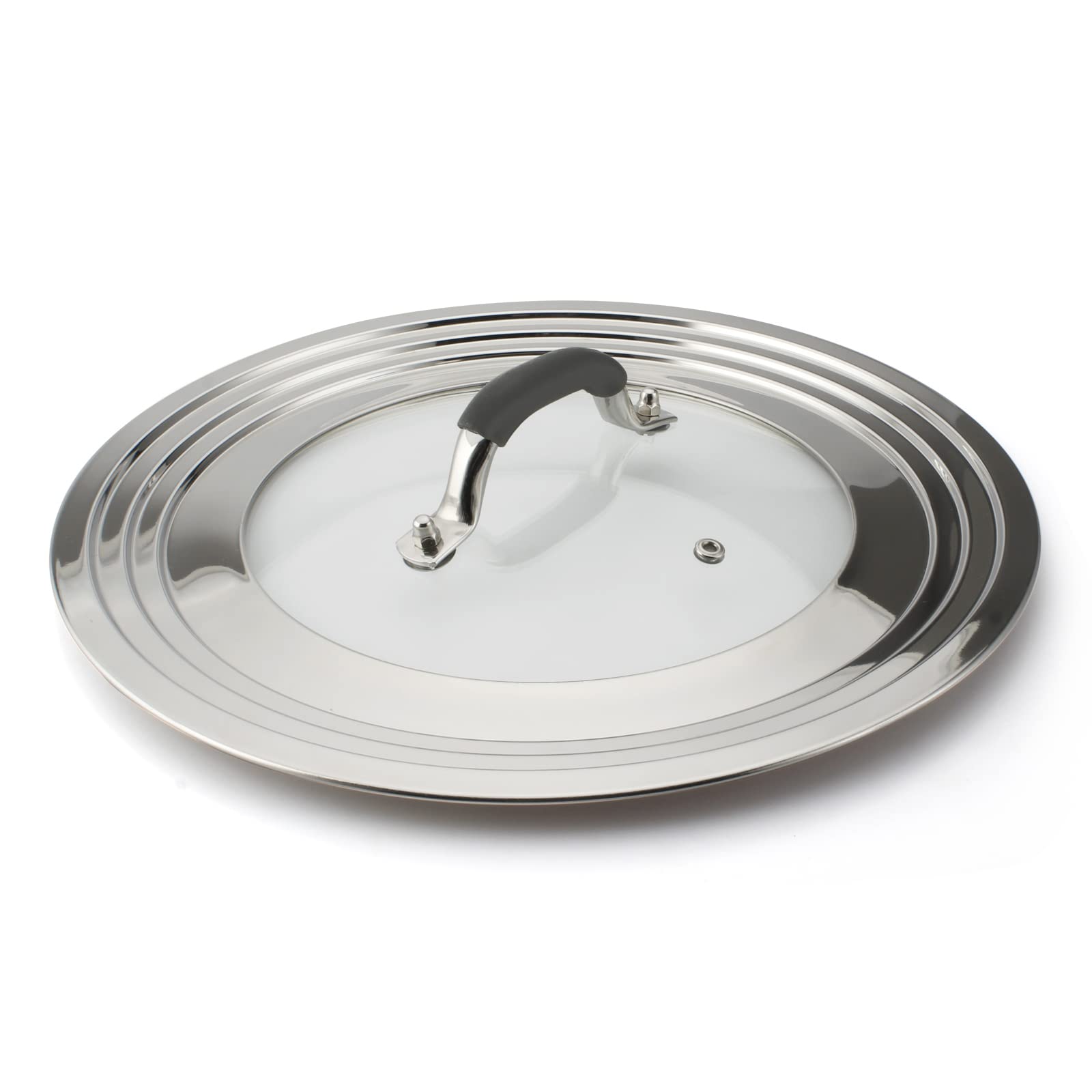 WishDirect 15 Inch Large Universal Pans Pots Lid Cover Fits 11/12/13/14/15" Frying Pans/Pots/Woks, Stainless Steel and Tempered Glass Lid with Vent Hole and Heat Resistant Handle