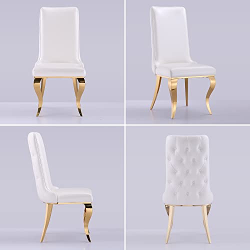 AZhome Dining Chairs, White Faux Leather Upholstered Dining Room Chairs in Button-Tufted Back, Dining Chairs with Gold Legs for Kitchen Dining Room, Set of 2