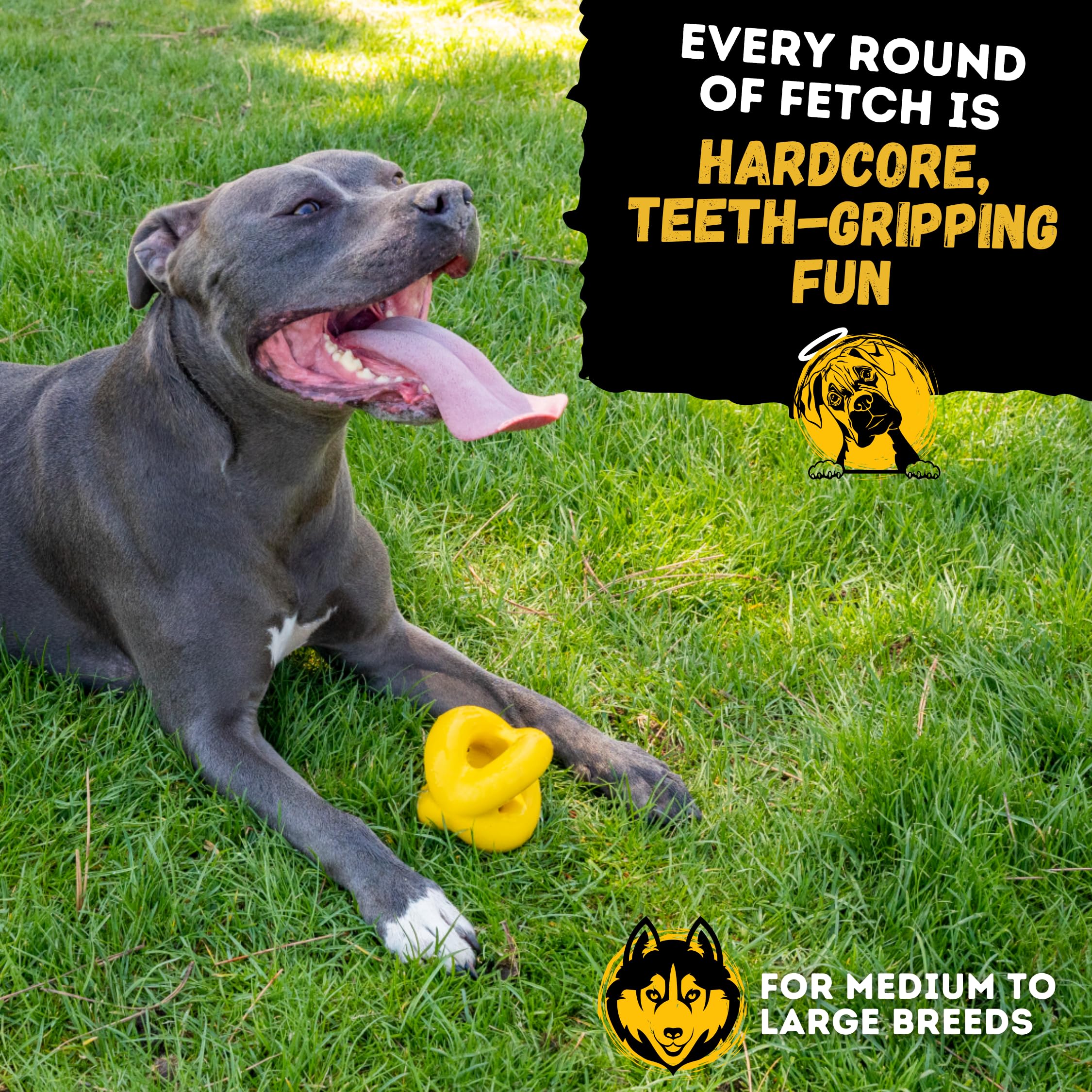 WoofBite Indestructible Ring Ball - Lifetime Replacement - for Aggressive Chewers, Medium Large Breed - Non-Toxic Natural Rubber Dog Toys - Butter Scent, Yellow (Highly Visible Color for Dogs) - 4.5”