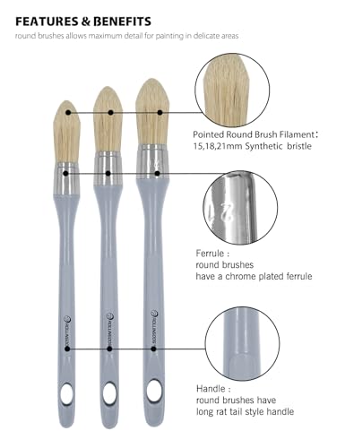 ROLLINGDOG Edge Paint Brush-Trim Paint Brush,3 Pointed Round Edge Brushes and 3 Flat Paint Brushes for Sash,Stain,Varnish,Baseboards(Pack of 6)