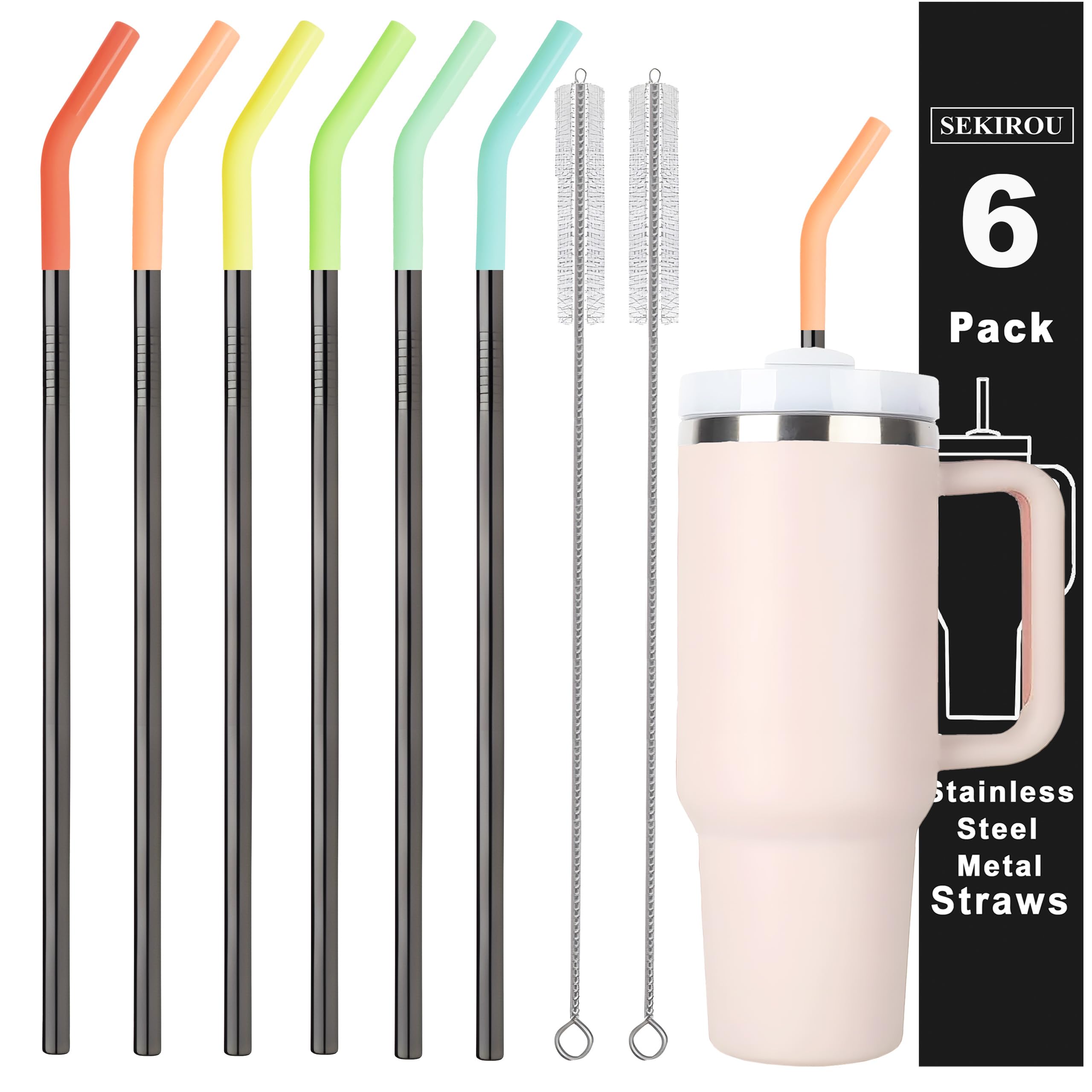 5 PCS Metal Straws Reusable with Silicone Tip and Cleaning Brush, Stainless Steel Straws Replacement for 40 oz Stanley Tumbler and 24 oz Cup (8mm Sliver)