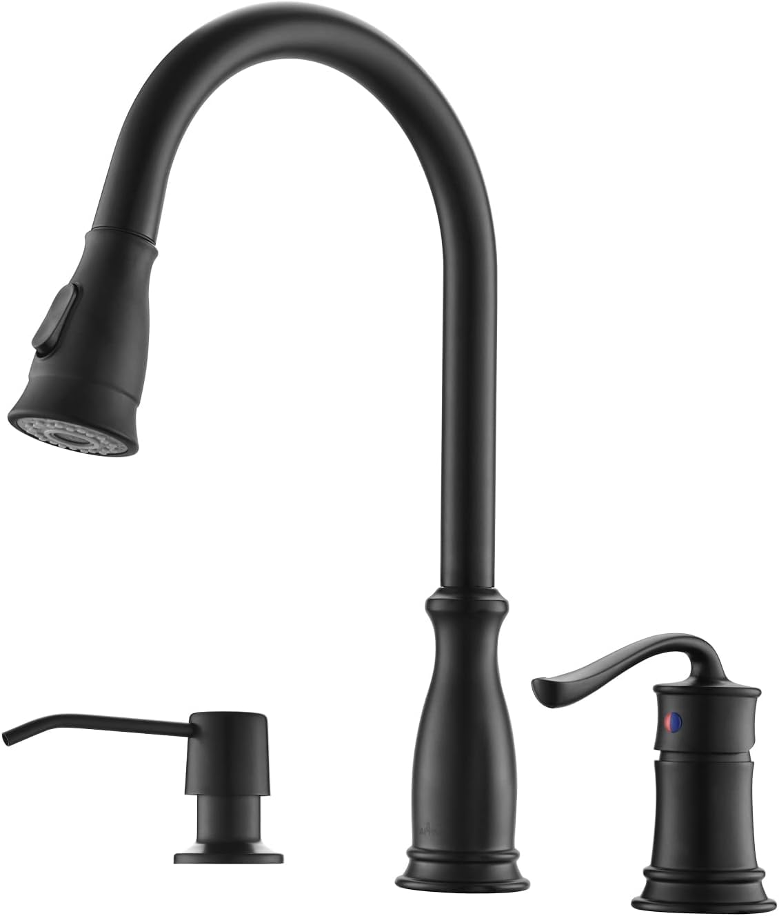 3 Hole Kitchen Faucet with Pull Down Sprayer, APPASO Kitchen Faucet with Soap Dispenser, 3 Pieces Kitchen Faucet with Separate Handle, Matte Black Kitchen Faucet 3 Hole, 218MB
