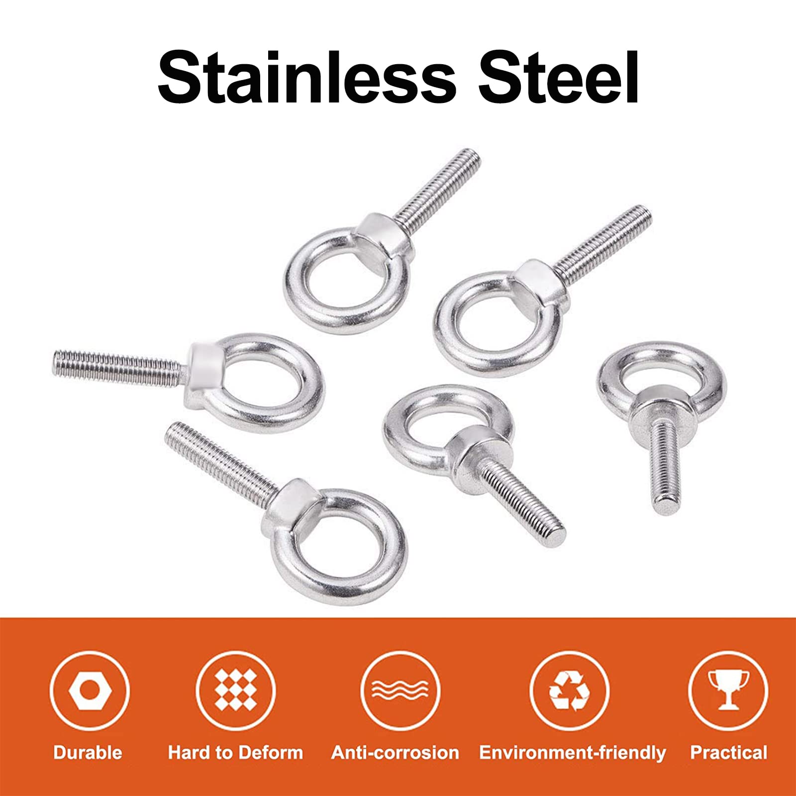 INCREWAY 6pcs Stainless Steel Eye Bolts,304 Stainless Steel M8x35mm Lifting Thread Eye Ring Bolt Screw Eyebolt