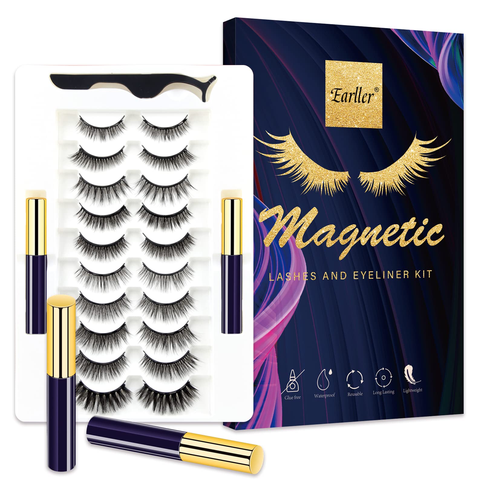 3D & 5D Magnetic Eyelashes with Eyeliner Kit, EARLLER 10 Pairs Natural Look False Lashes with Applicator - Easy to Apply and No Glue Needed, Reusable Short and Long Eyelashes Set