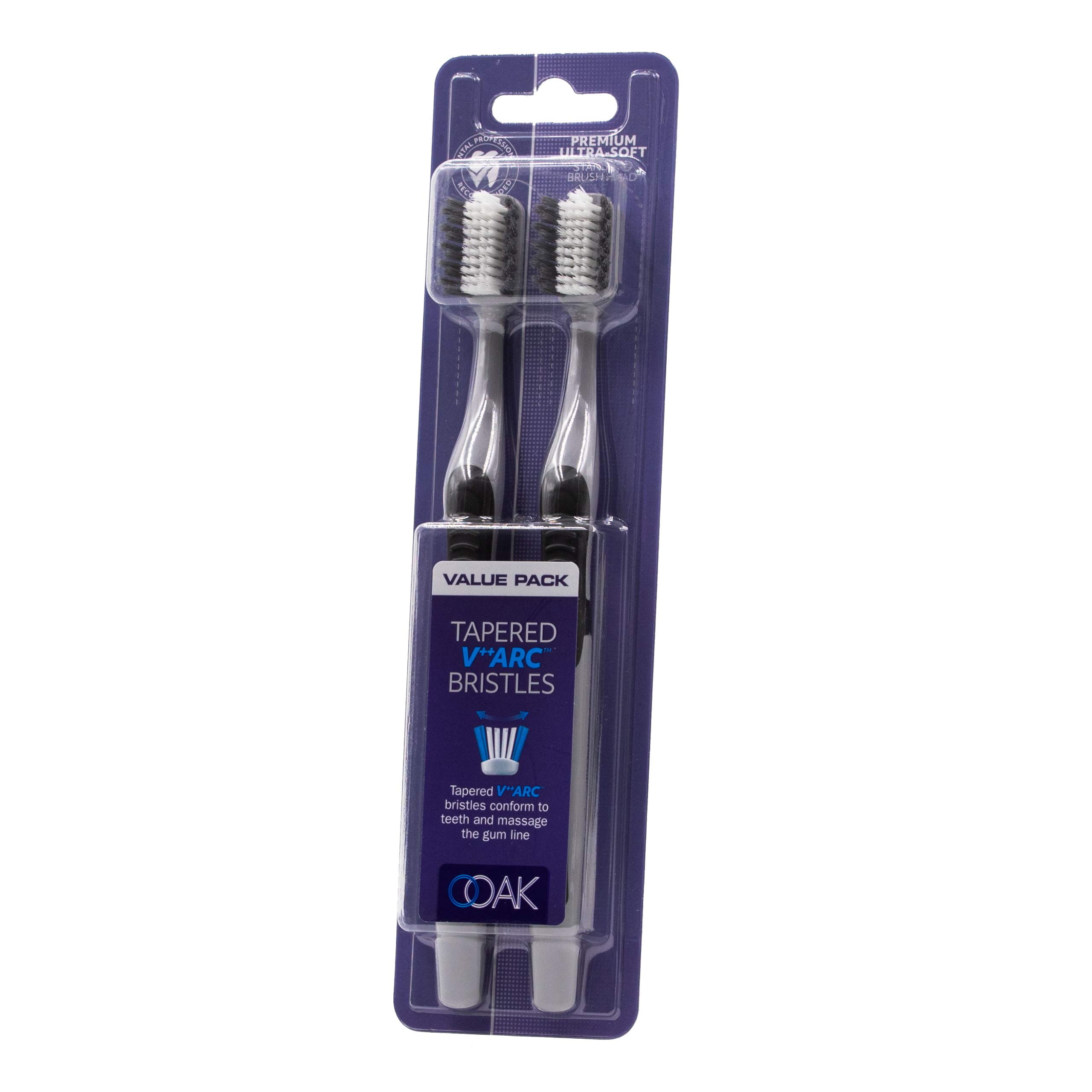 Ooak Toothbrush, Tapered V++Arc Bristles, 2 Pack Silver/Black