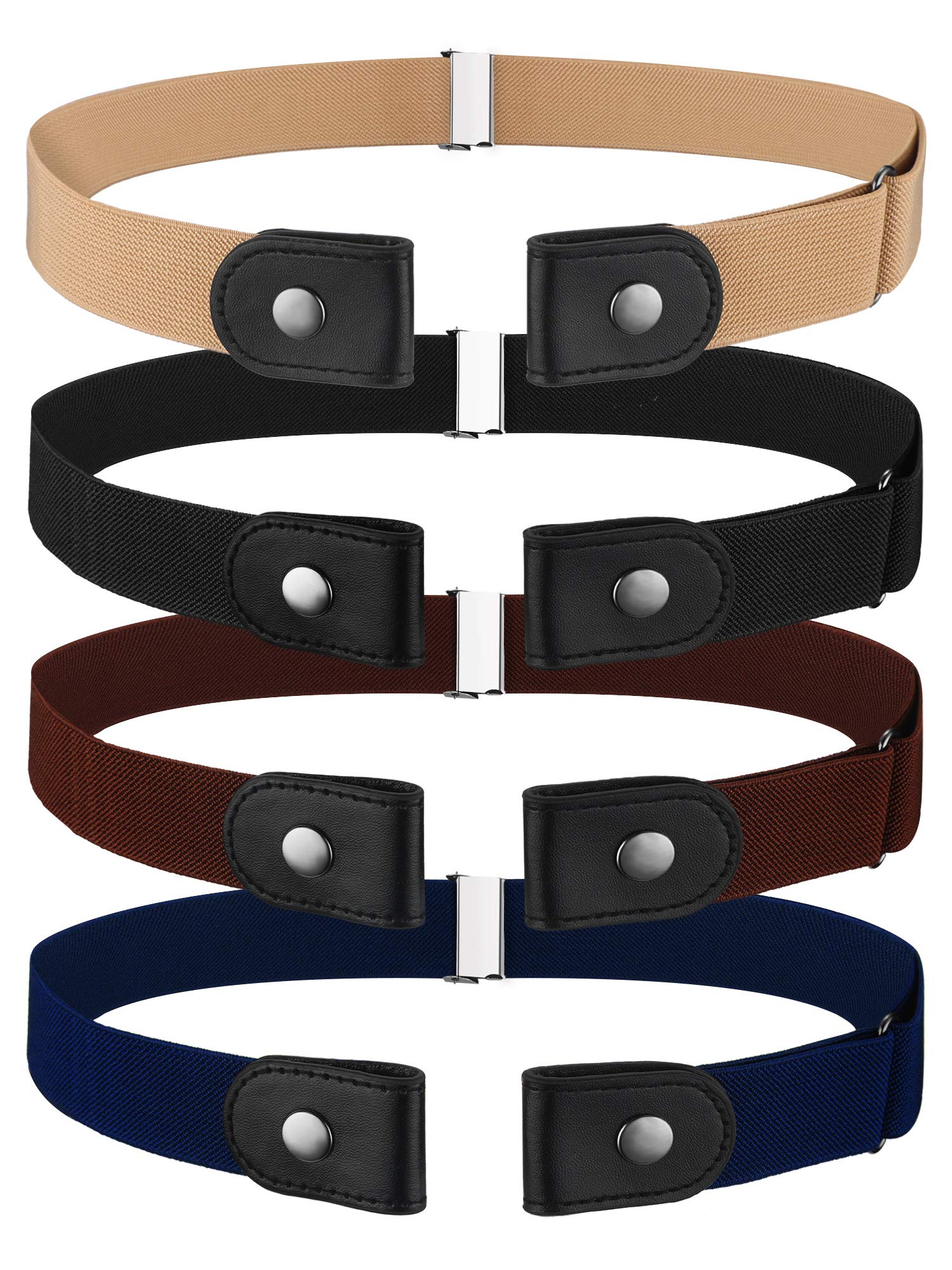 4 Pieces No Buckle Stretch Belt Adjustable Unisex Belt Invisible Elastic Belt for Men Women Jeans Pants Skirts(Khaki, Black, Coffee Color, Navy Green)