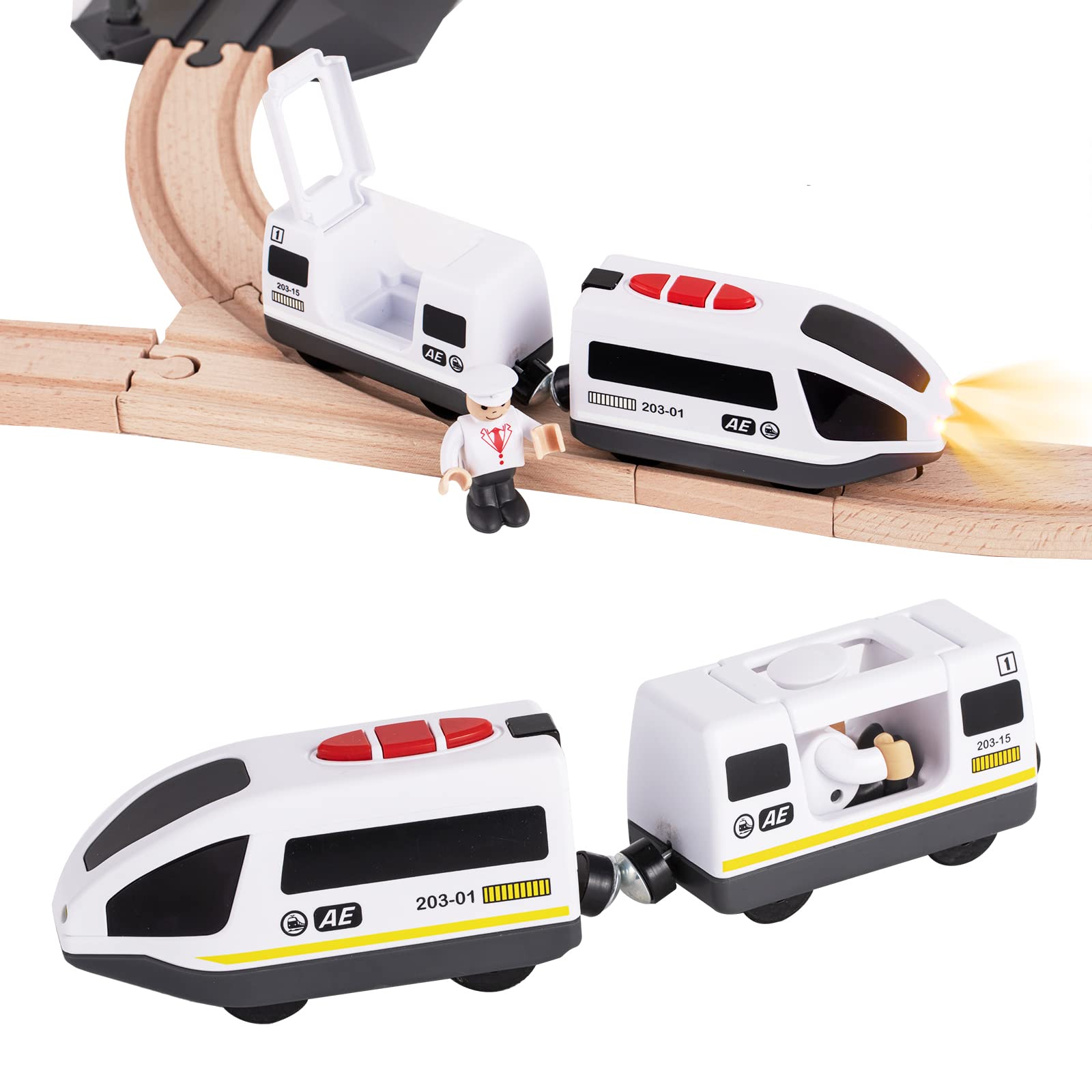 BRINJOY Battery Operated Train Set for Wooden Train Tracks, Powerful Engine Action Locomotive Train (Magnetic Connection) w/Sound for Boys & Girls, Bullet Toy Train Set for Toddlers Ages 3+, White