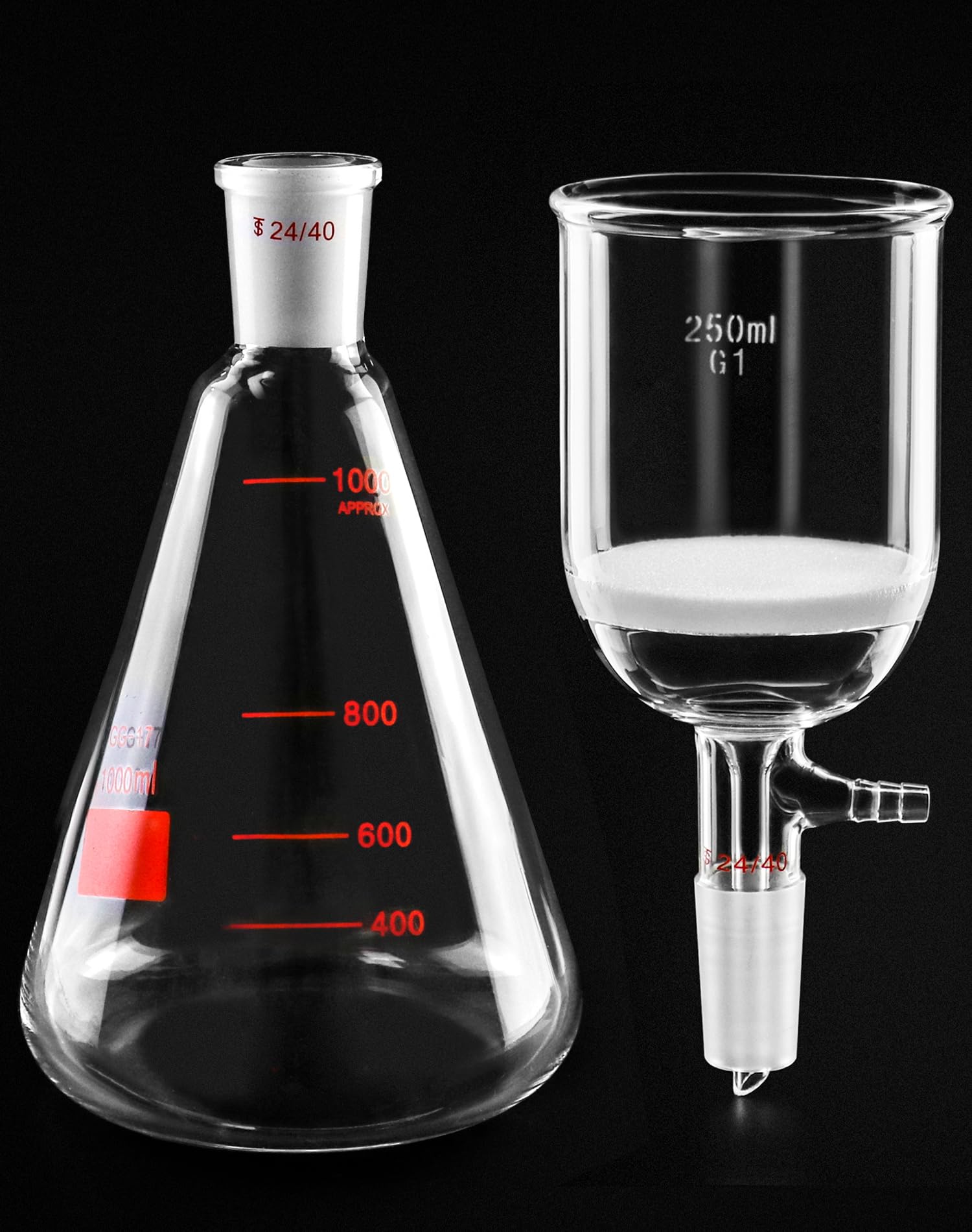 QWORK 250ml Glass Buchner Filtering Funnel and 1000 ml Erlenmeyer Flask, Thick Wall Flask with 24/40 Outer Joint