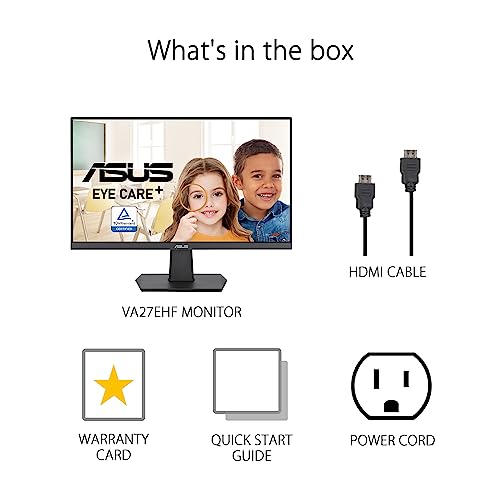 ASUS 27 Inch Monitor - 1080P, IPS, Full HD, Frameless, 100Hz, 1ms, Adaptive-Sync, for Working and Gaming, Low Blue Light, Flicker Free, HDMI, VESA Mountable, Tilt - VA27EHF,Black
