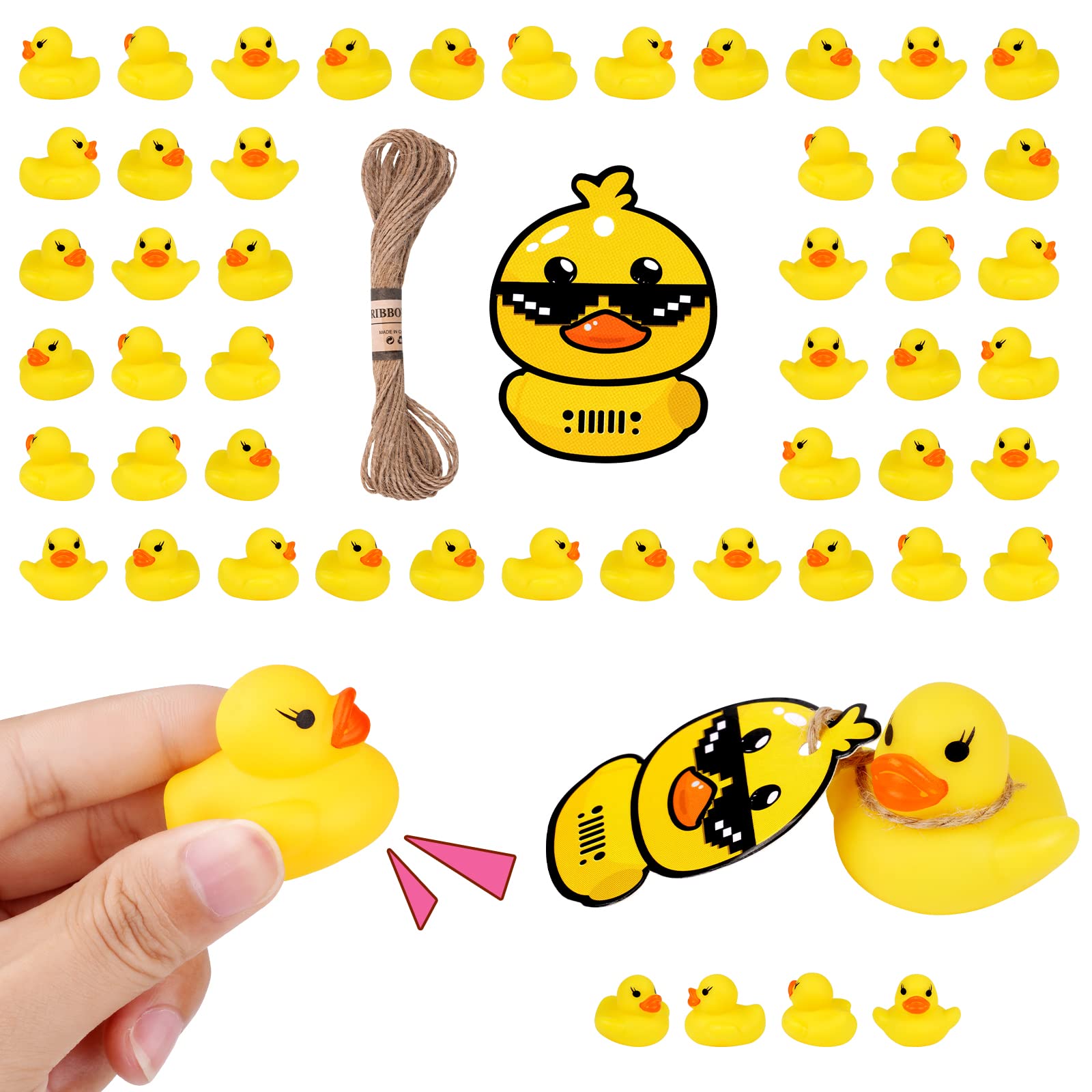 Ainiv 102PCS You've Been Ducked Cards, Duck Tags with Yellow Rubber Ducks and Strings, 3D Yellow Duck Shape with Round Hole and Twine, Ducking Game Card for Car Ornament Party Favors