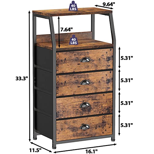 Furnulem Tall 4 Drawers Dresser, Vertical Storage Tower Fabric Dresser and Nightstand with 3 Drawers, Small Dresser with Storage Shelf