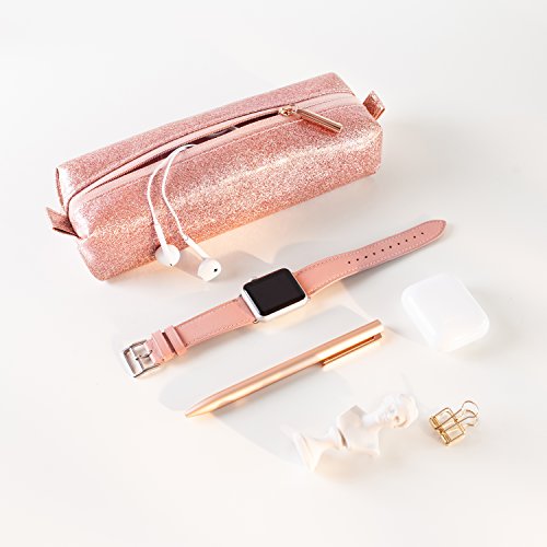 Comfyable Small Cosmetic Bag for Rectangular Makeup Bag Waterproof Glitter Cute Toiletry Pouch Rose Gold Sparkly Shiny Pink