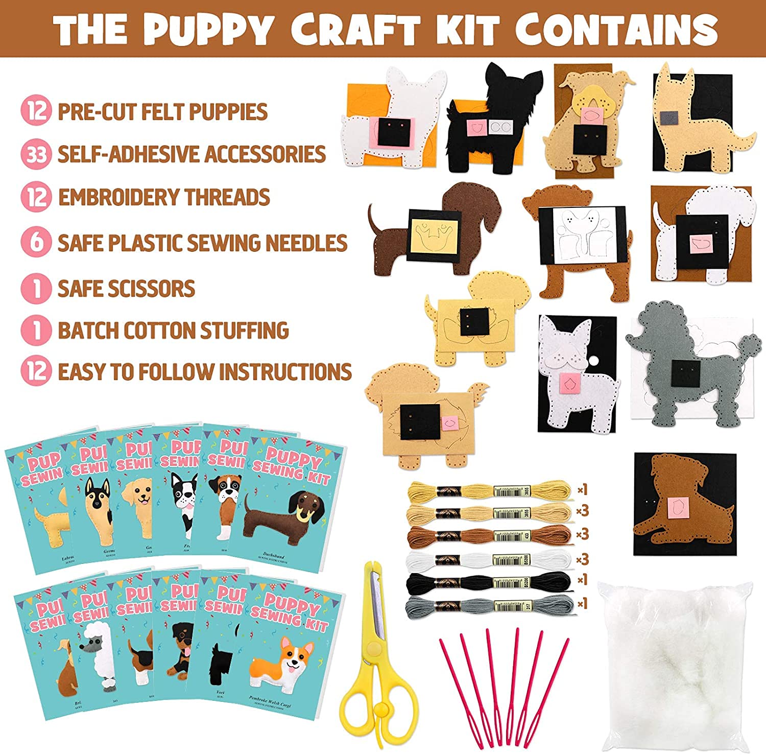 CiyvoLyeen 2 Pack Animals Sewing Craft Kit for Kids- Woodland Animals Felt Sewing Craft Kit & Puppy Craft Kit for Beginners
