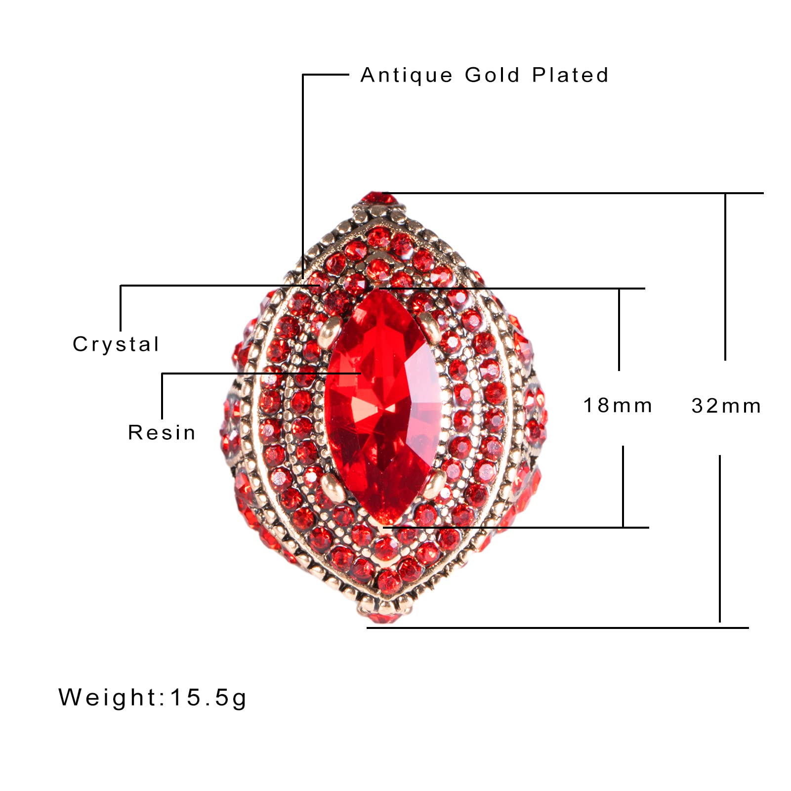 CKHAO Women Ring - Big Size Antique Gold Plated Turkish Style Red Gemstone Vintage Ring Women Jewelry J0769RED (9)