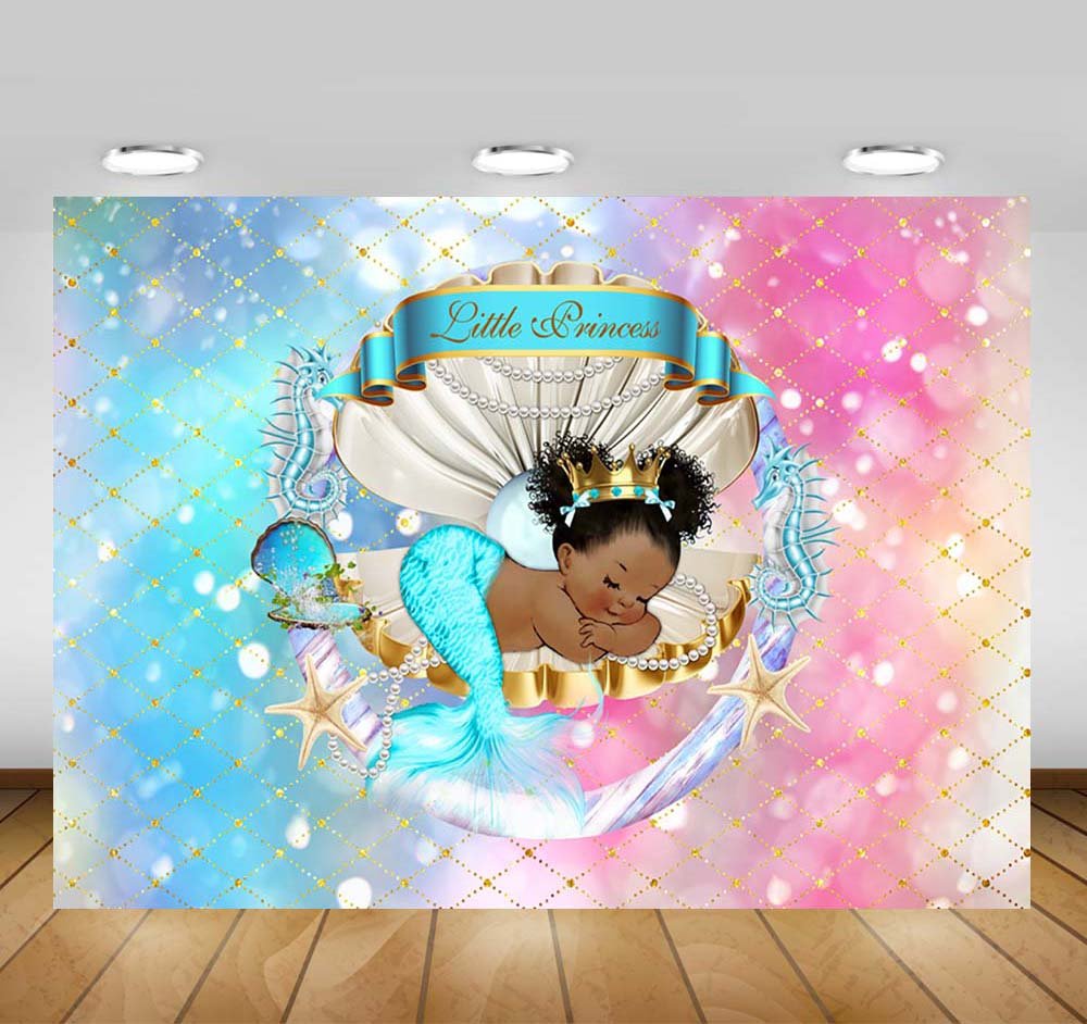 Mocsicka Royal Mermaid Princess Backdrop Under Sea Glitter Shell Crown Background 7x5ft Black Girl Backdrops Banner for Baby Shower, Birthday Party