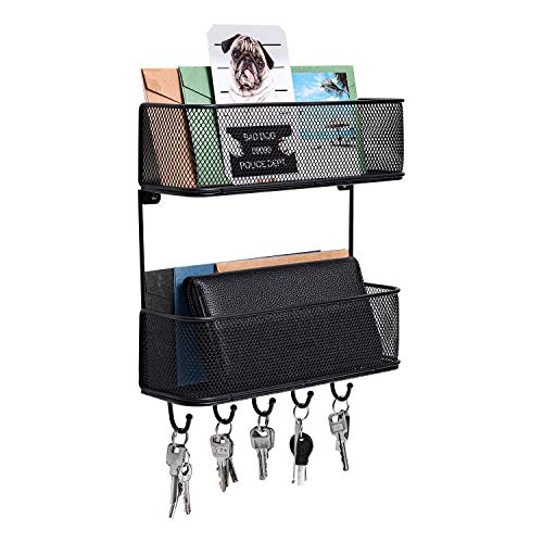 PAG Wall Mount Mail Organizer Double Basket Hanging Letter Sorter with 5 Key Hooks for Entryway/Kitchen/Mudroom/Home/Office, Black