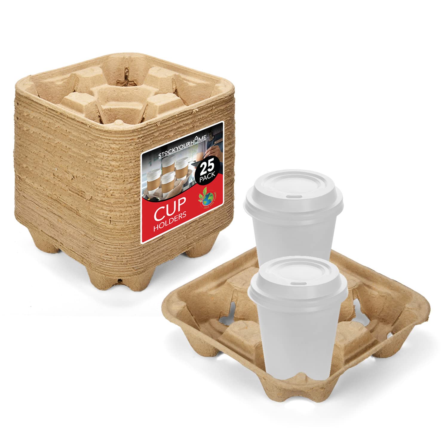 4 Cup Disposable Coffee Tray (50 Count) - Biodegradable and Compostable Cup Holder - Durable Drink Carrier for Hot or Cold Drinks - to Go Coffee Cup Holder for Food Delivery Service, Uber Eats