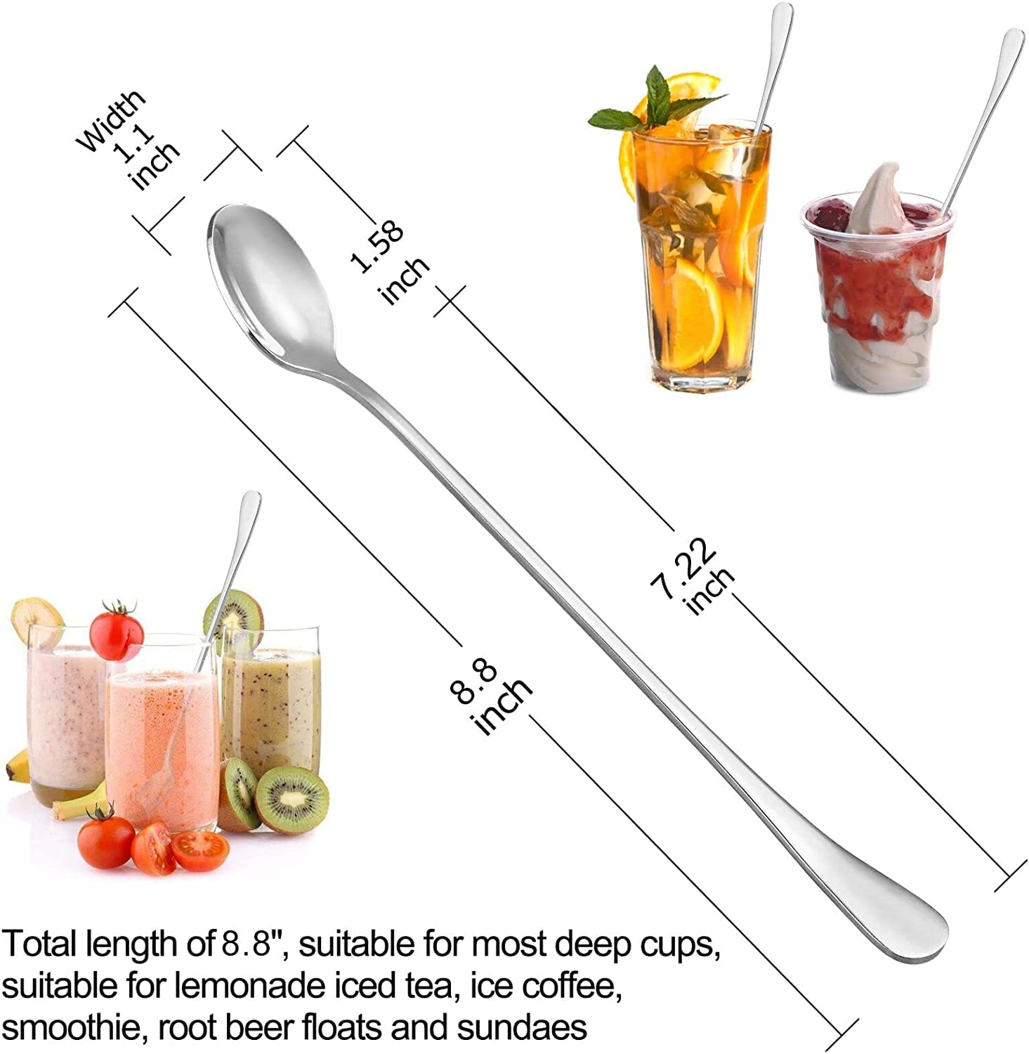 8 Pack Cocktail Spoon Long Handle 9-Inch Ice Tea Spoons Stainless Steel Coffee Ice Cream Stirring Spoon Mixing Spoons
