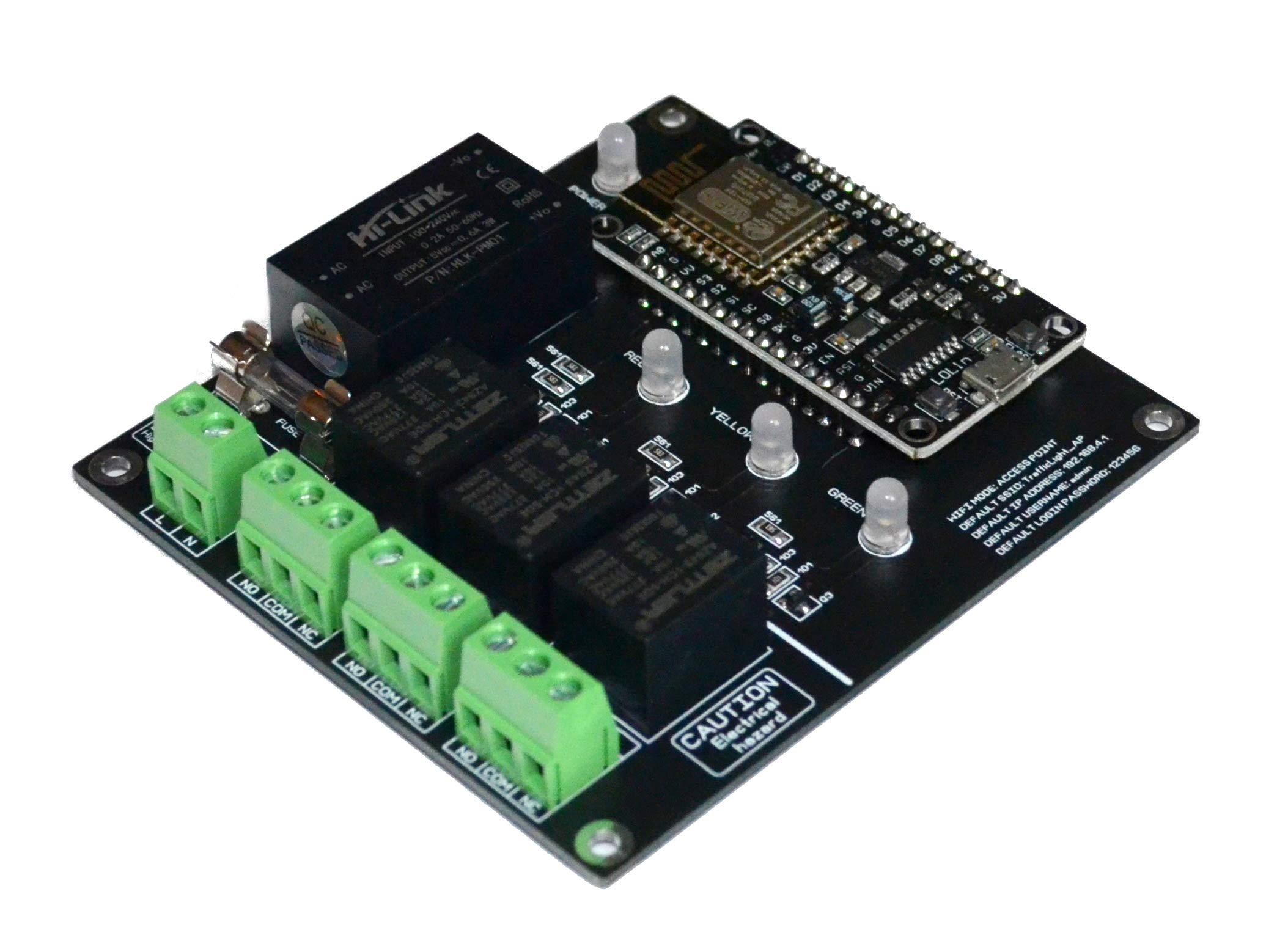 Wi-Fi 3 Channel Traffic Light Signal Controller/Sequencer/System AC Voltage Range 110V-220VAC 50-60Hz Works for DC Voltages up to 100V DC Controllable by WiFi / ESP8266 (EMR for AC/DC)