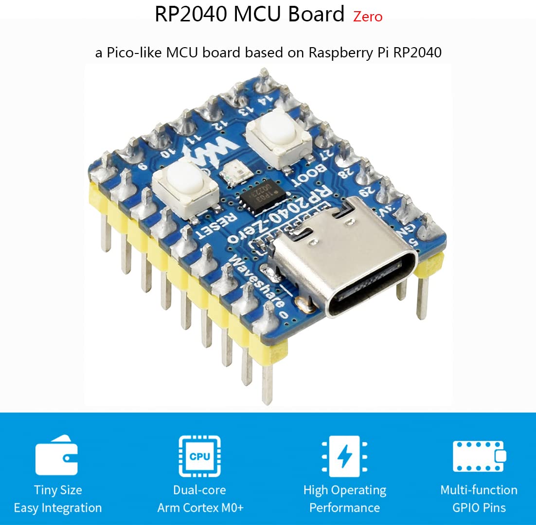 waveshare RP2040-Zero Mini Board with Pre-Soldered Header,Pico-Like MCU Board Based on Raspberry Pi MCU RP2040 Dual-Core Arm Cortex M0+ Processor Support C/C++, MicroPython