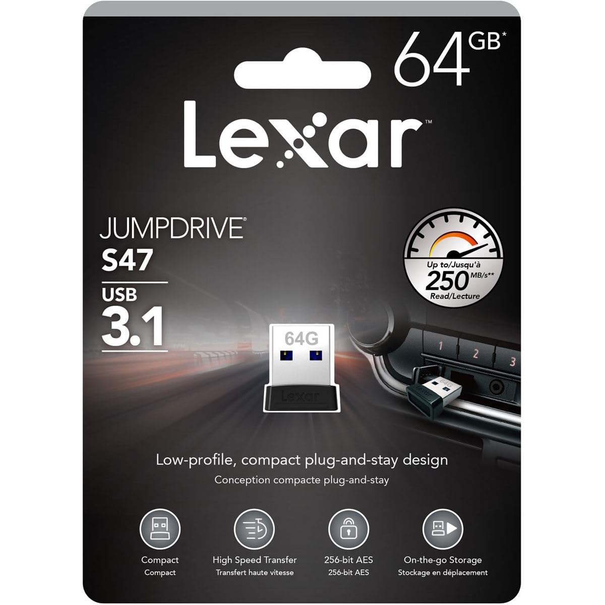 Lexar 64GB JumpDrive S47 USB 3.2 Gen 1 Flash Drive for Storage Expansion and Backup, Up To 250MB/s Read, Compact Plug-n-Stay, Black (LJDS47-64GABBKNA)