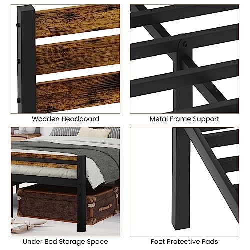AWQM 14 Inch Full Bed Frame, Metal Platform Full Size Bed Frame with Wood Headboard and Footboard, No Noise, No Box Spring Needed, Bed Central with Extra Metal Support, More Sturdy, Rustic Brown+Black