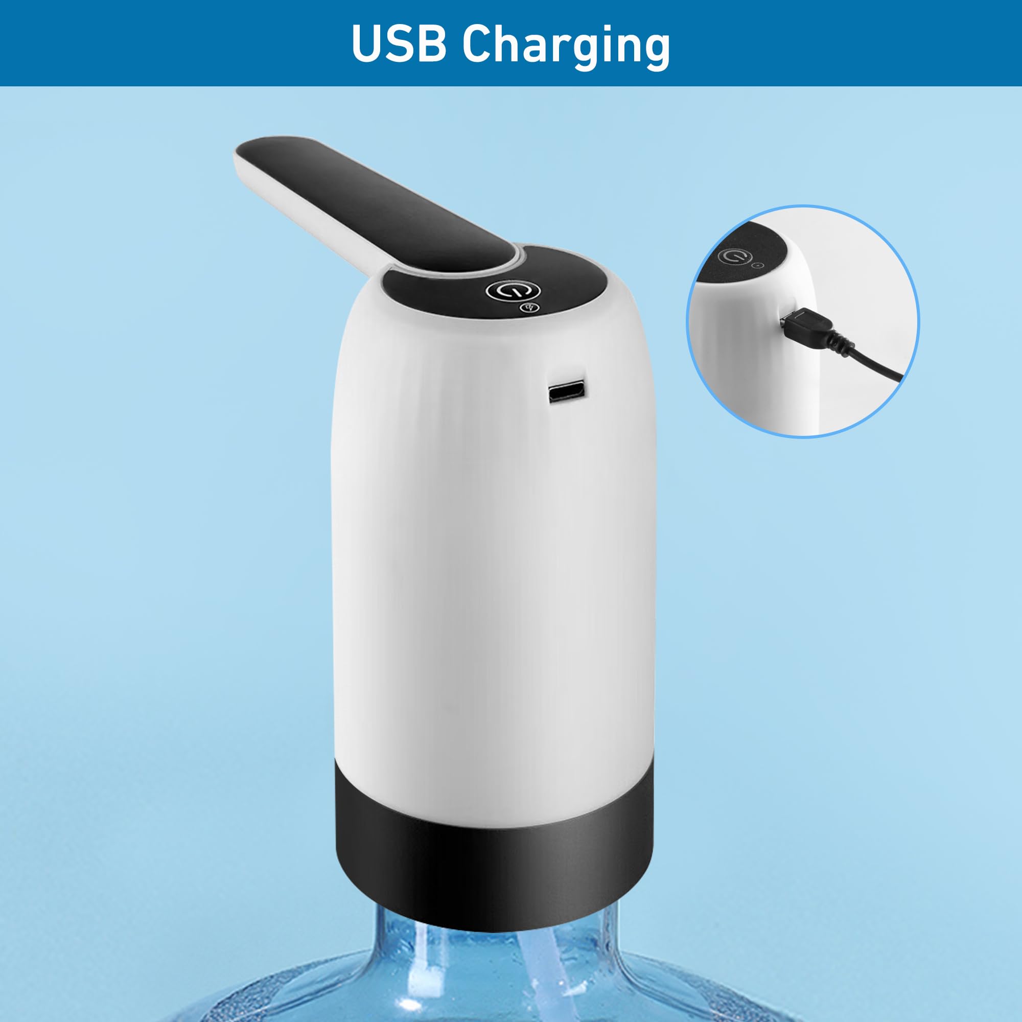 5 Gallon Water Dispenser, Portable Rechargeable Electric Water Jug Pump for Universal 2-5 Gallon Bottle, Drinking Water Jug Pump for Home, Office, Camping (White)