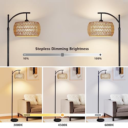 Arc Floor Lamp with Remote Control, Dimmable LED Floor Lamp with 3 Color Temperature, Black Standing Lamp with Rattan & Fabric Double Drum Shade, Boho Farmhouse Tall Pole Lamp for Living Room Bedroom