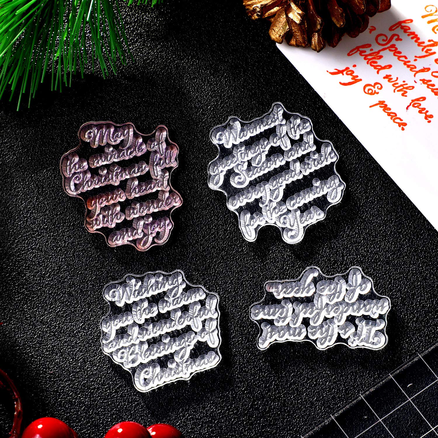 4 Pieces Words Christmas Clear Stamps Set Silicone Christmas Greeting Stamps Sentiments Merry Christmas Crafts Stamps Acrylic Stamp Blocks Tools with Grid Lines for Card Making Decor DIY Scrapbooking