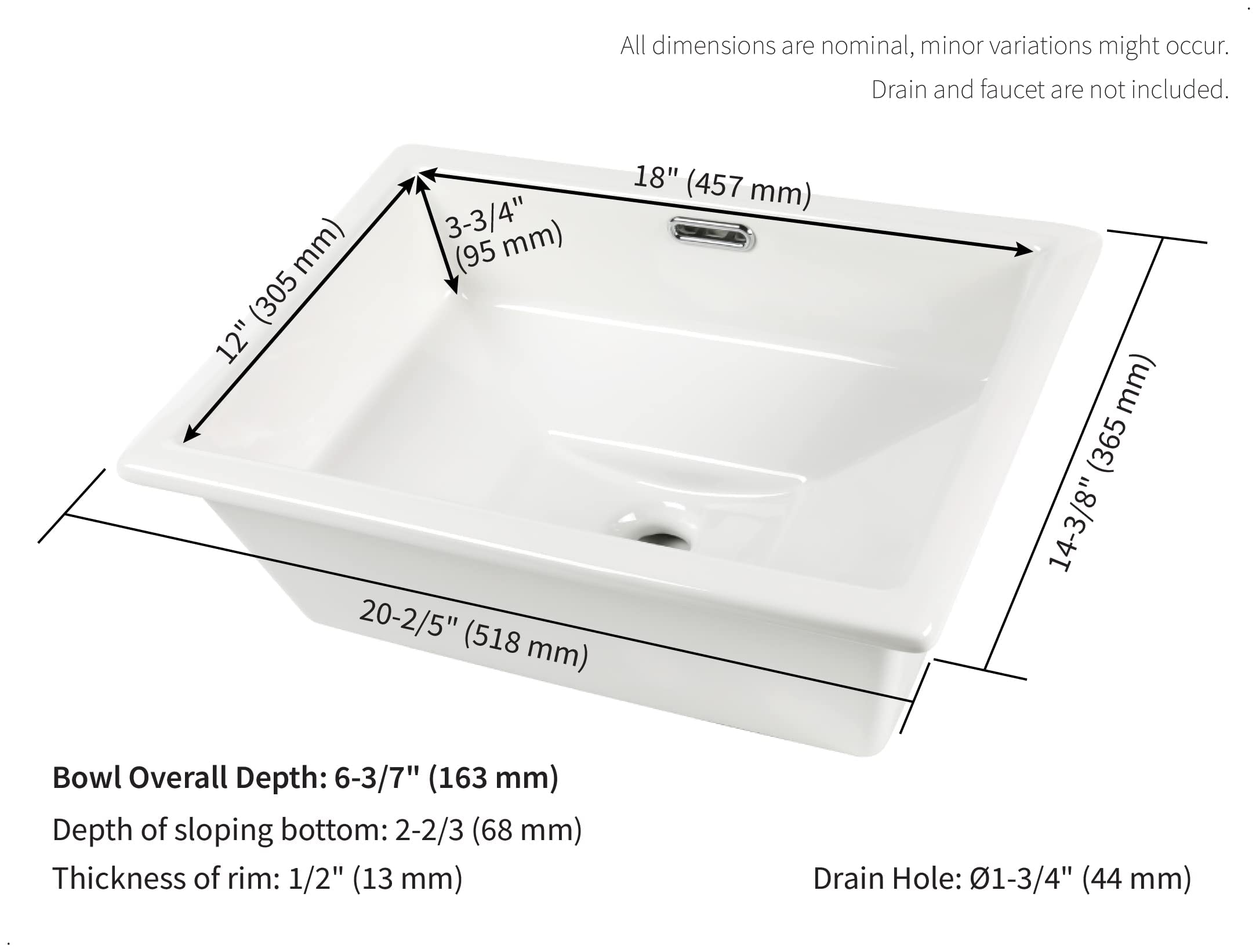 AMASHEN 20.5" x 14.4" Self-rimming Bathroom Sink Undermount or Drop-in Ceramic Vanity Basin with Overflow