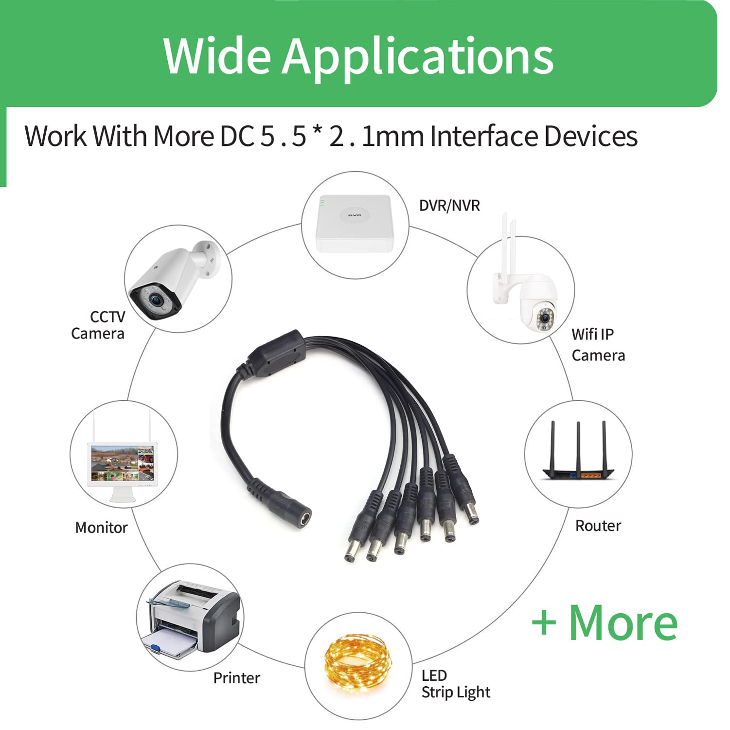 Security-01 2-Pack 1 to 6 Way DC Power Splitter Cable, Plug 5.5mm x 2.1mm for CCTV Cameras LED Light Strip and More