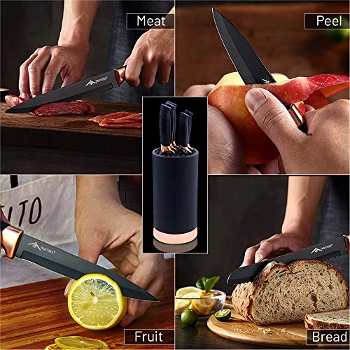 5-Piece Kitchen Knife Set with Block - Rust-Proof Stainless Steel Kitchen Knives with Black, Modern Design - Includes Chefs Knife, Carving Knife, Bread Knife, Utility Knife, Paring Knife, Knife Block