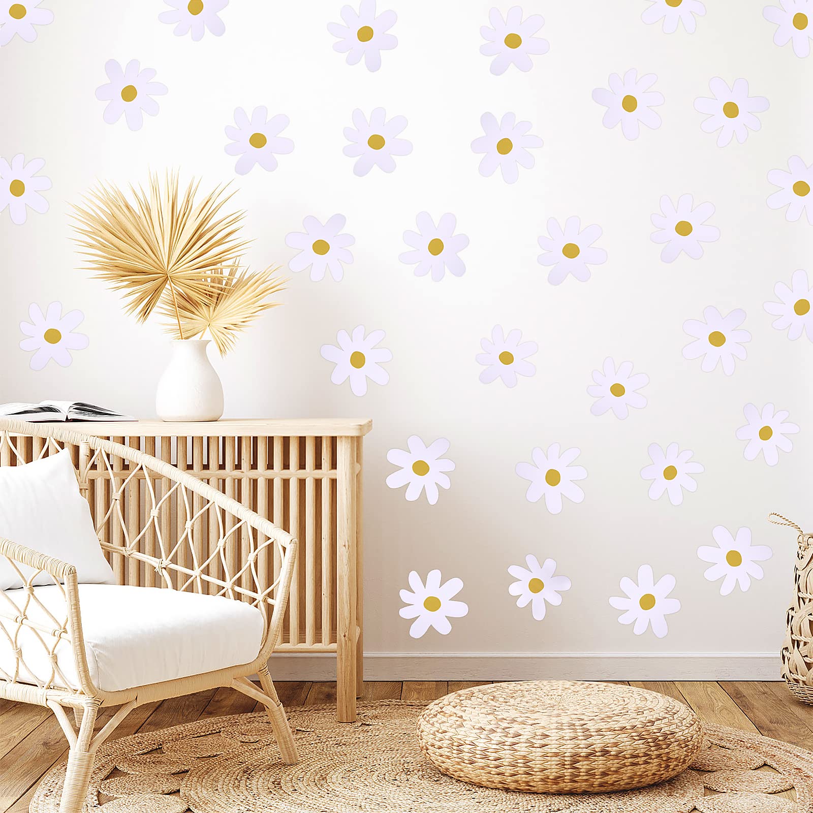 36PCS Daisy Wall Decal White Daisy Decals Flower Wall Decals Peel and Stick Retro White Daisy Flower Wall Stickers Vinyl Wall Floral Decals for Kids Nursery Bedroom Classroom Office Decor 6 Sheet
