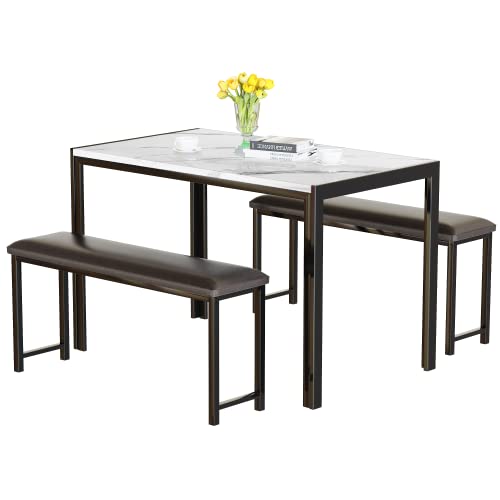 AWQM 3 Pieces Dining Room Table Set, Kitchen Table Set with Faux Marble Top Table and 2 PU Leather Upholstered Benches for Breakfast Nook, Apartment and Compact Space, White