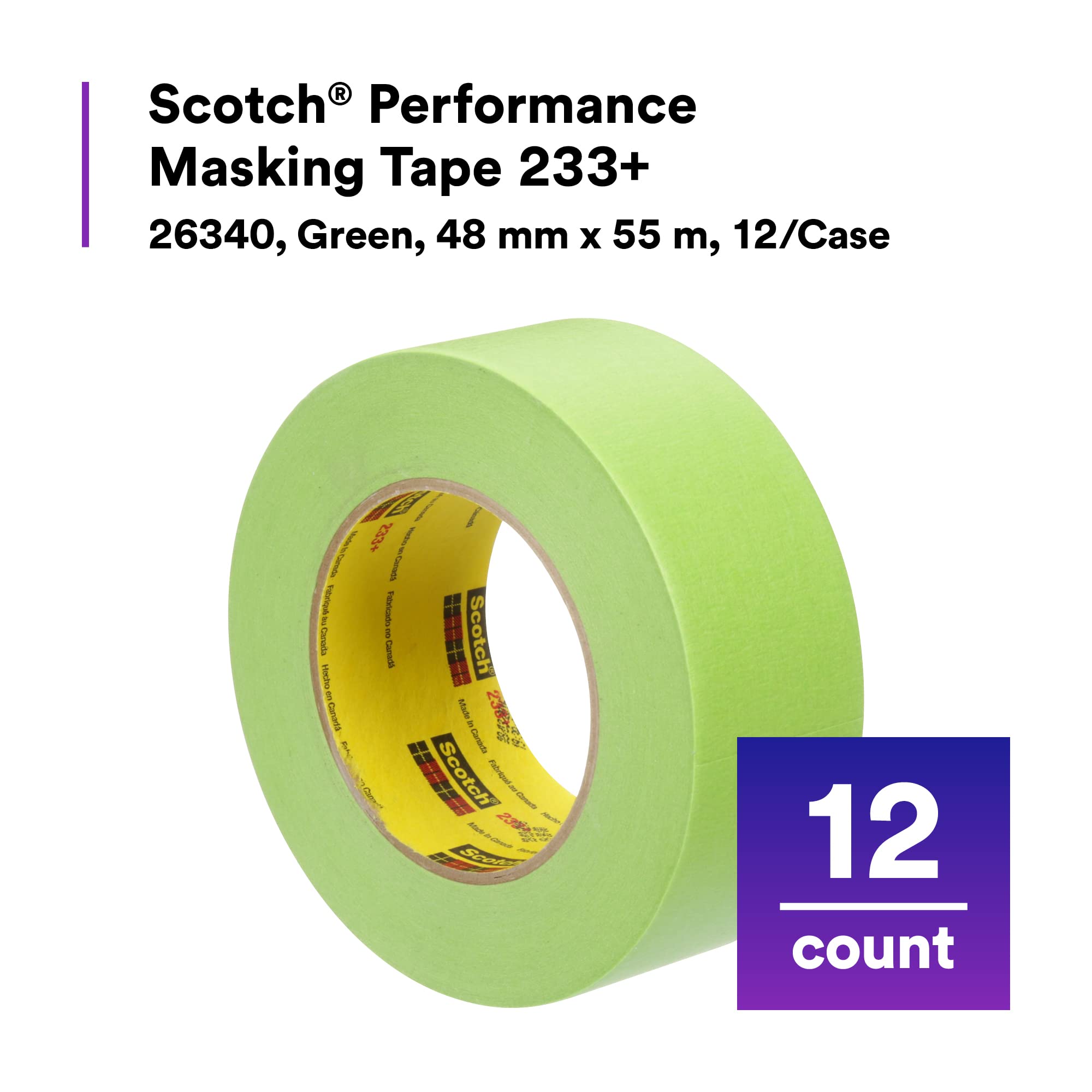 3M Scotch Performance Masking Tape 233+ 26340, Moisture Resistant, Flexible, Green Color, 48 mm x 55 mββ, 12/Case