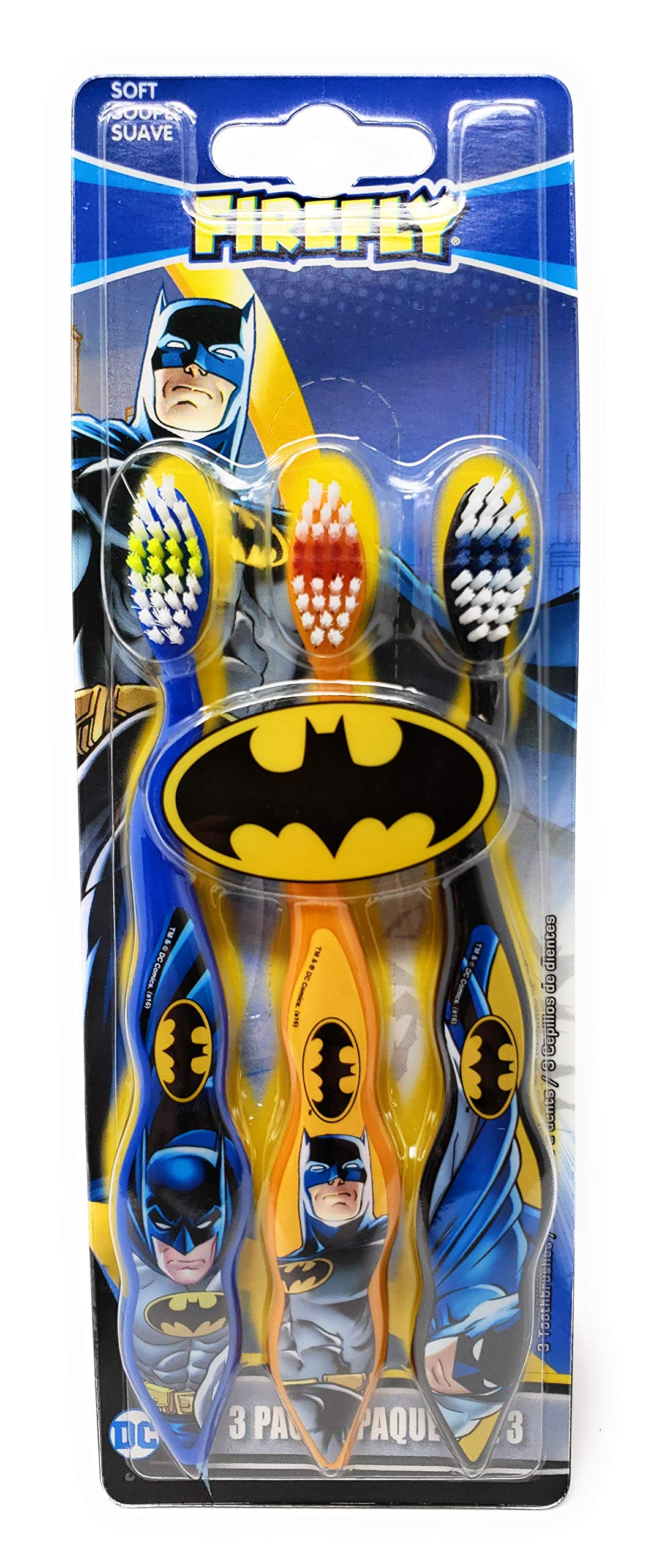 Firefly Batman Themed Toothbrushes, 3-Pack, Multicolored