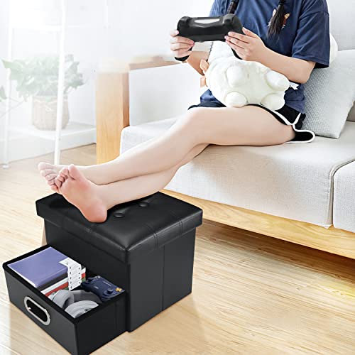 AmasSmileĀ® Folding Storage Ottoman Foot Rest Stool with Drawers, 16 inch Leather Footstool Bench, Short Ottoman Bench, Storage Foot Rest Store, Books,Records Support 300 lbs, Black