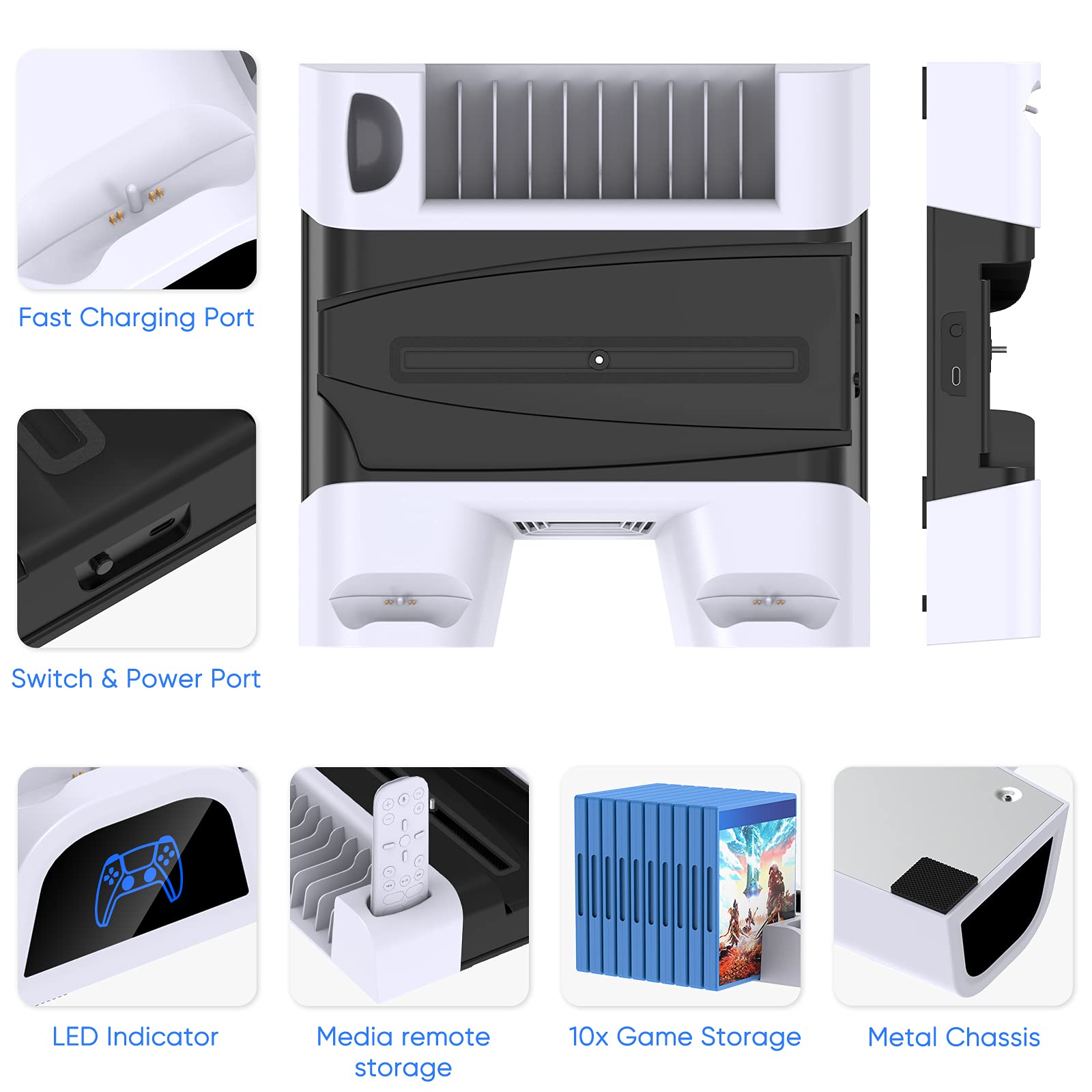 5 in 1 Vertical Stand for PS5/PS5 Digital Edition with Cooling Fan 3 Adjustable Level and Controller Charger Dock Fast Charging with LED Indicator, 2 Holder Hanger, Remote Slot&10 Game Rack Organizer