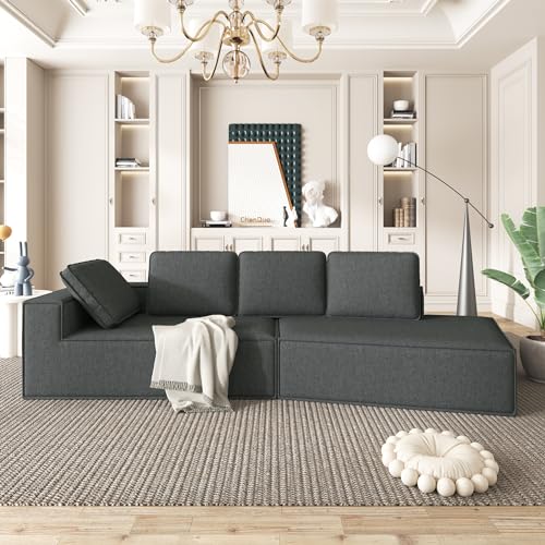 WOODRK 125.2'' Indoor Lounge Modular Sectional Sofa, Modern Upholstered Oversized Cloud Couch with Chaise Lounge, Comfy Chenille Fabric Curved Couches, for Living Room, Bedroom, Apartment, Gray