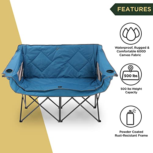 ARROWHEAD OUTDOOR Portable Folding Double Duo Camping Chair Loveseat w/ 2 Cup & Wine Glass Holder, Heavy-Duty Carrying Bag, Padded Seats & Armrests, Supports up to 500lbs, USA-Based Support